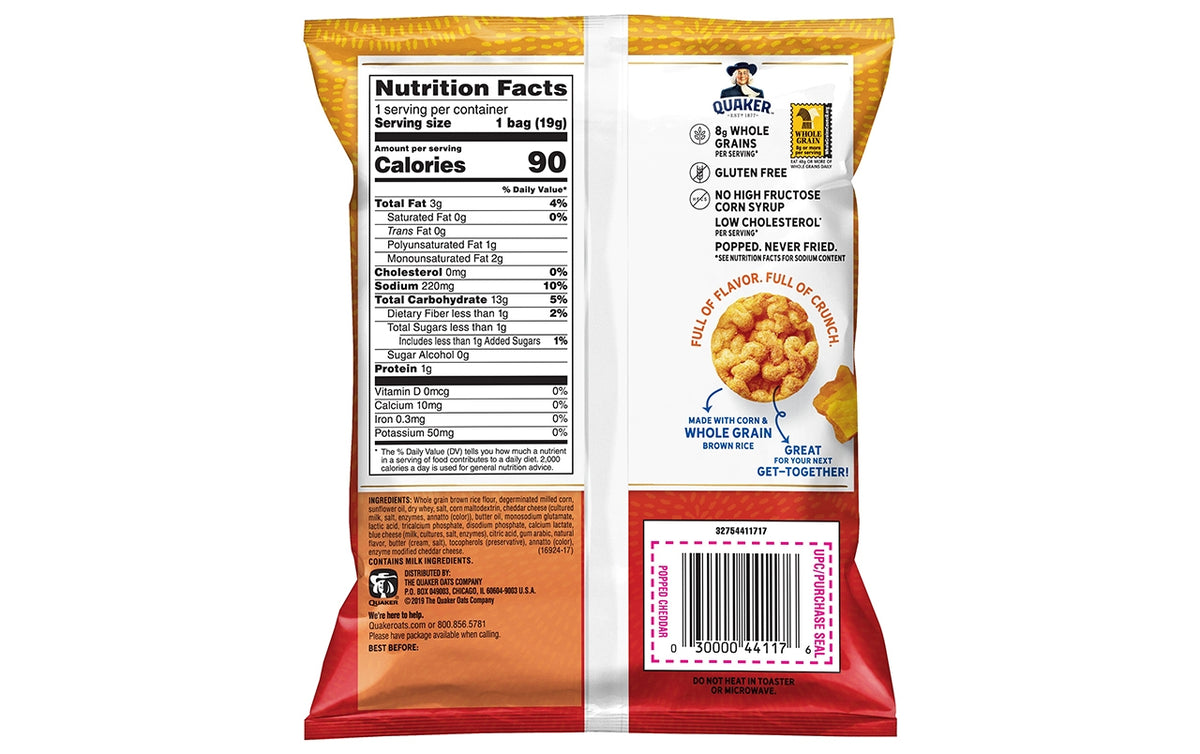 Quaker Popped Rice Crisps Cheddar Cheese, .67 oz, 60 Count ...
